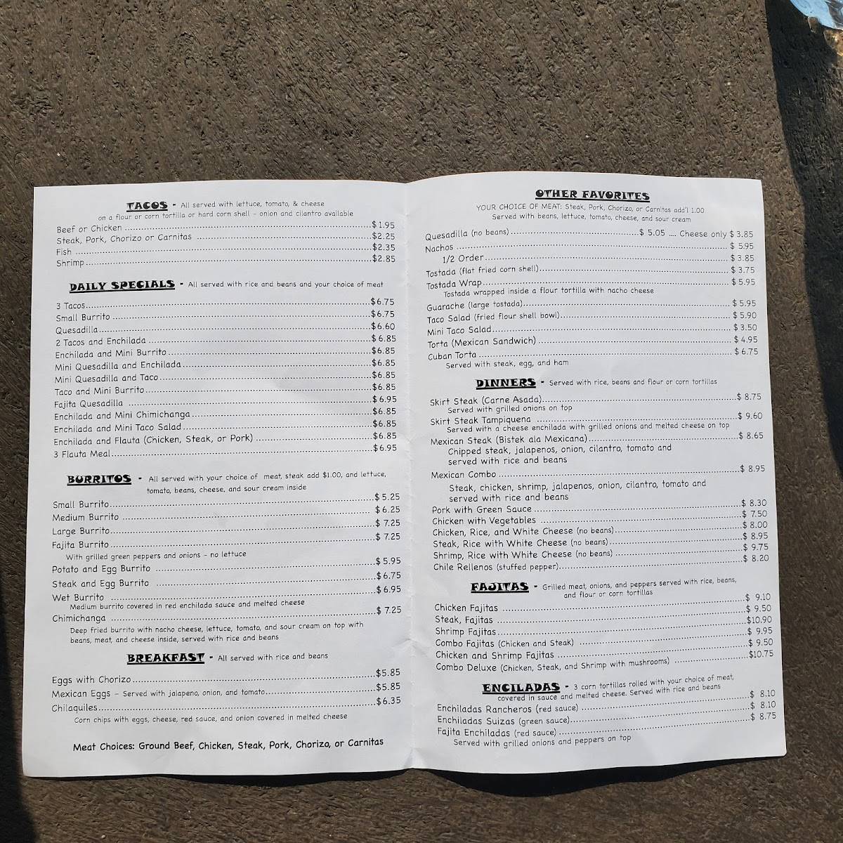 Menu at Original Taco restaurant, Morrison