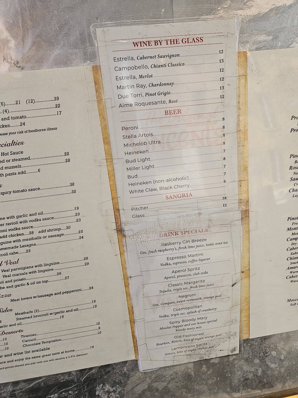 Menu at Original Vincent's restaurant, New York City