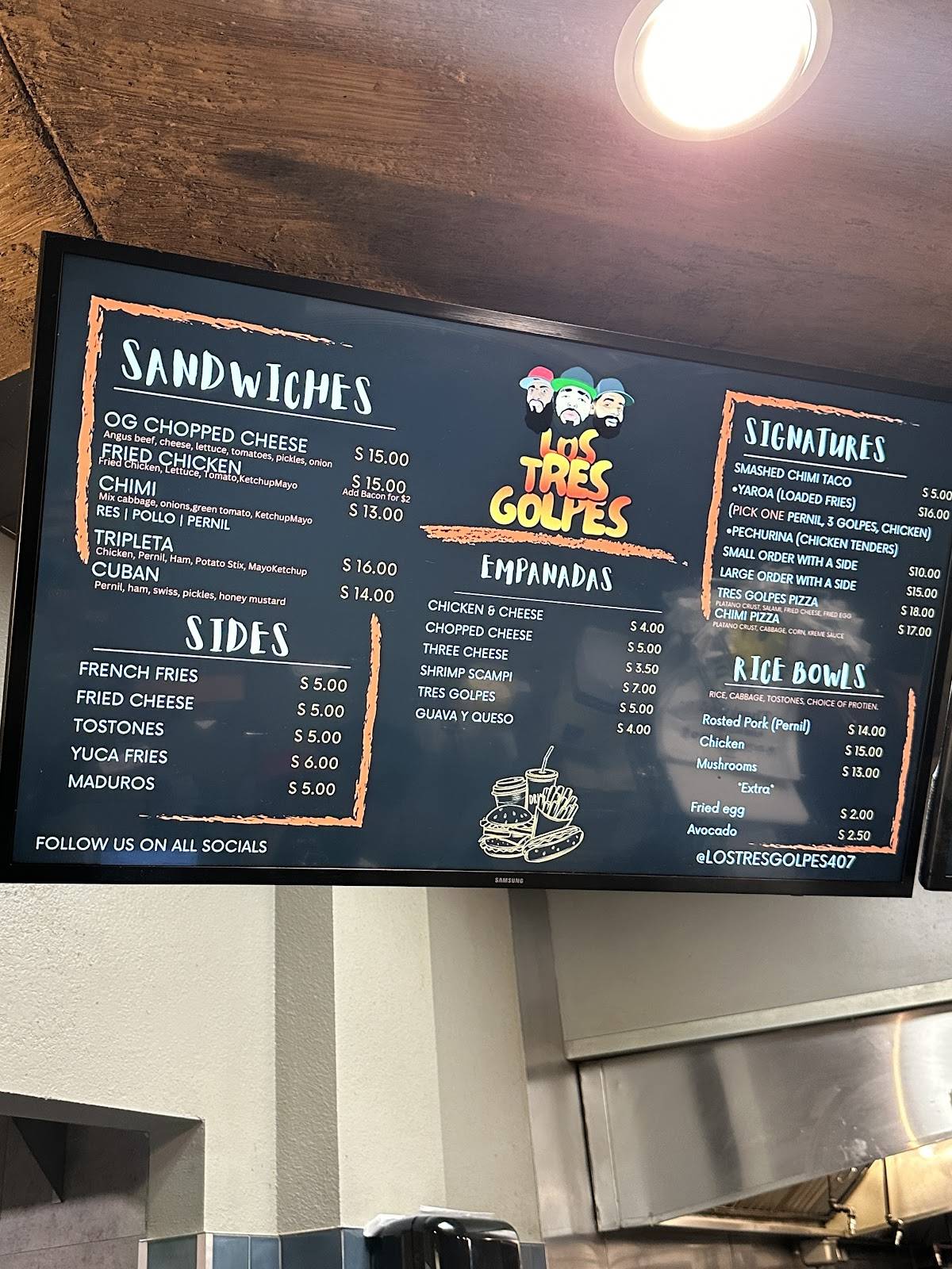 Menu at Los Tres Golpes restaurant, Orlando