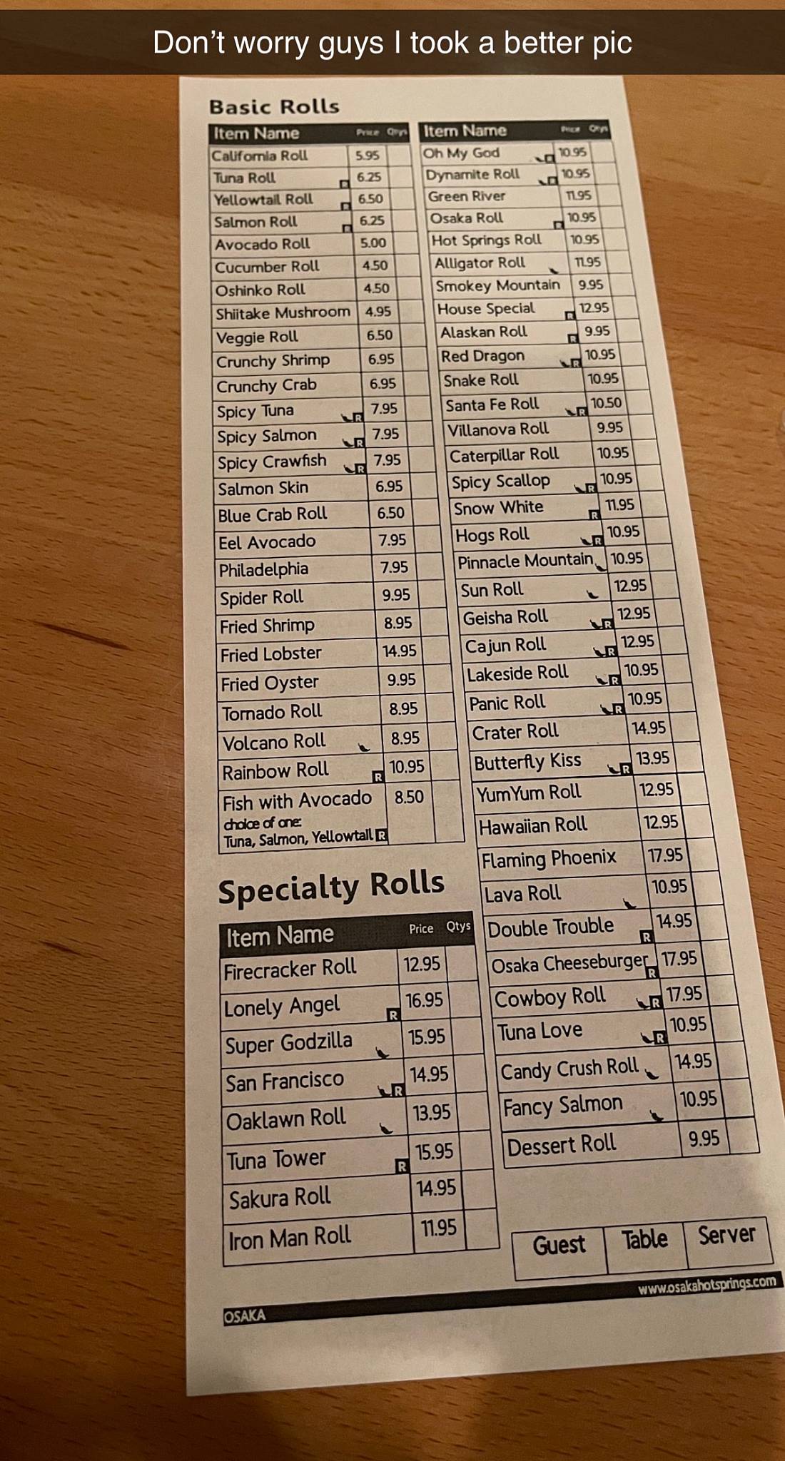 Menu at Osaka Japanese Steakhouse & Sushi Bar, Hot Springs