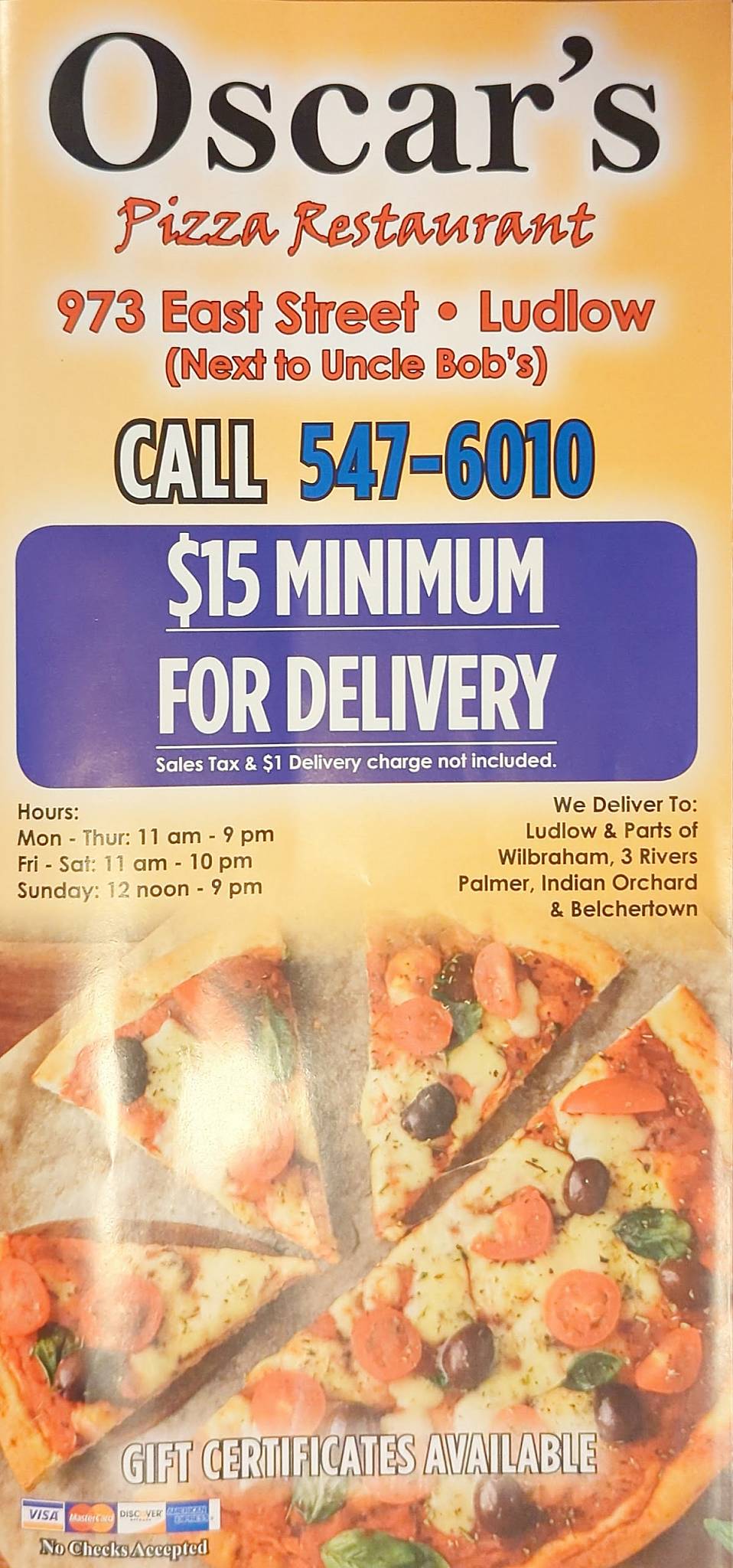 Menu at Oscar's Pizza Restaurant, Ludlow
