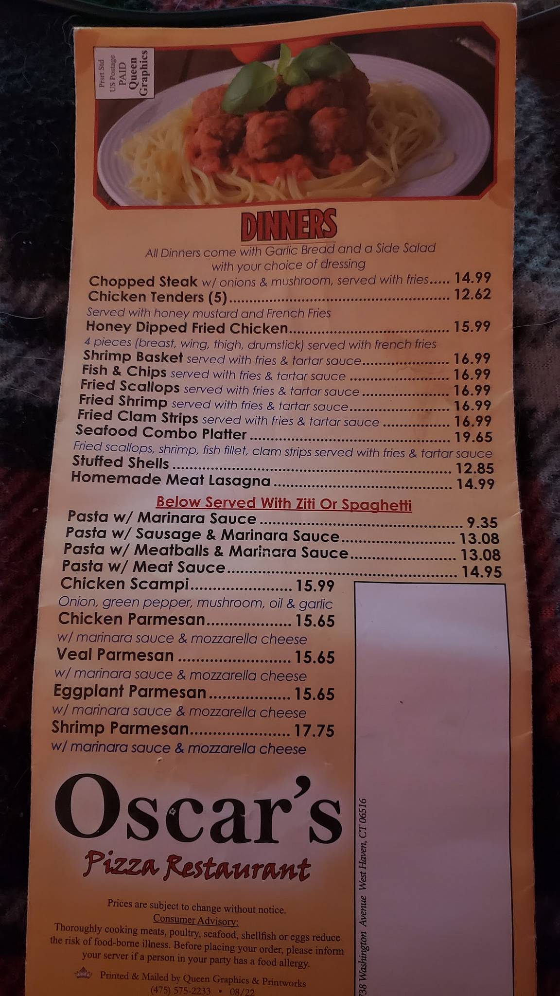 Menu at Oscar's Pizza Restaurant, Ludlow
