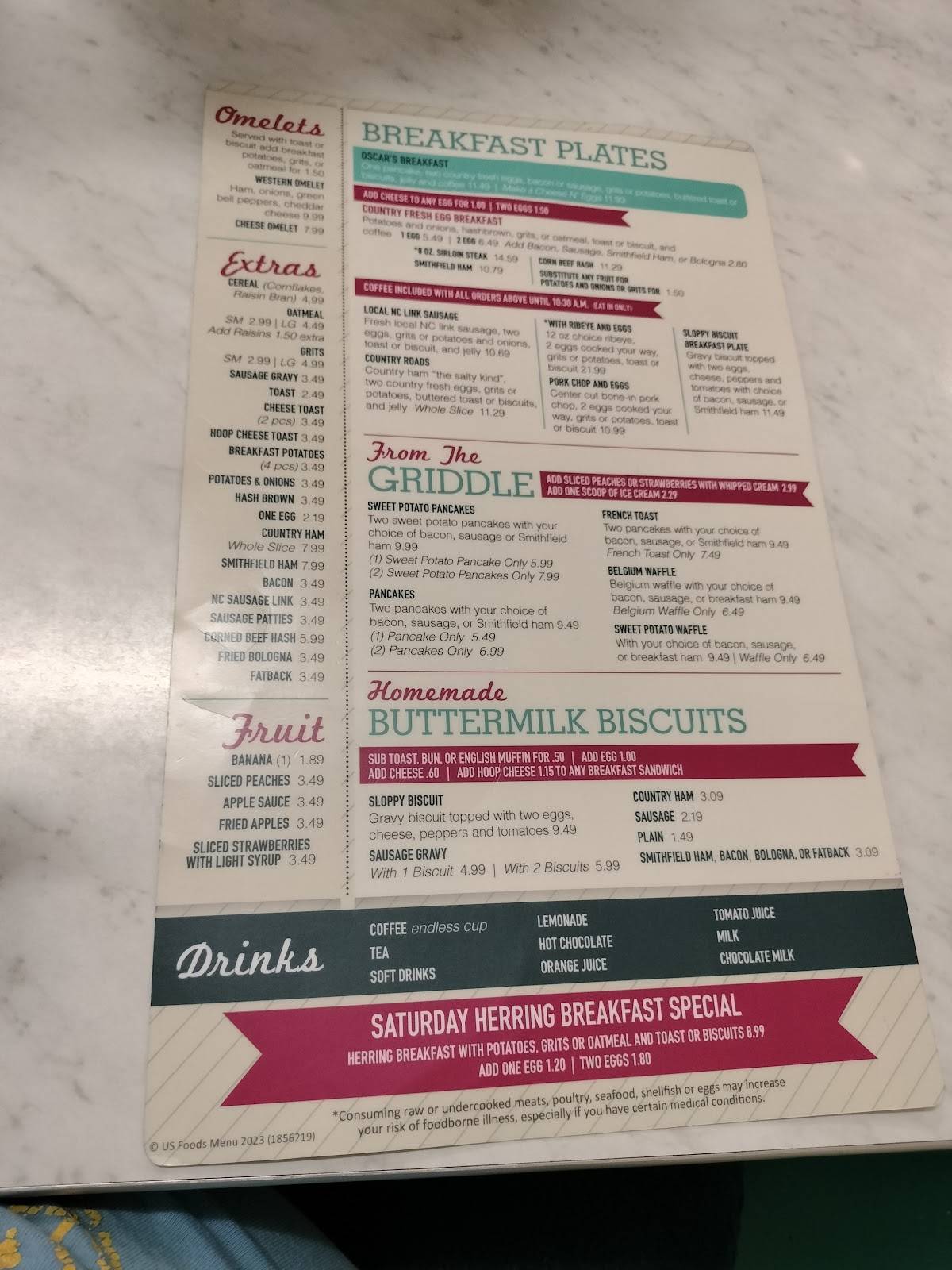 Menu at Oscar's Restaurant, Roanoke Rapids