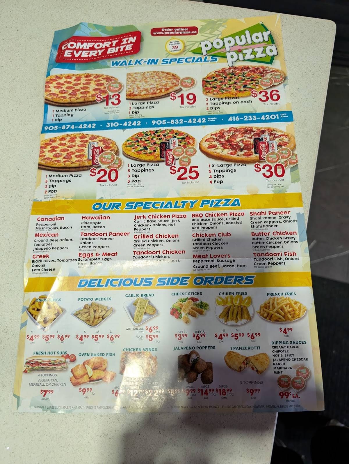 Menu at Popular Pizza restaurant, Oshawa