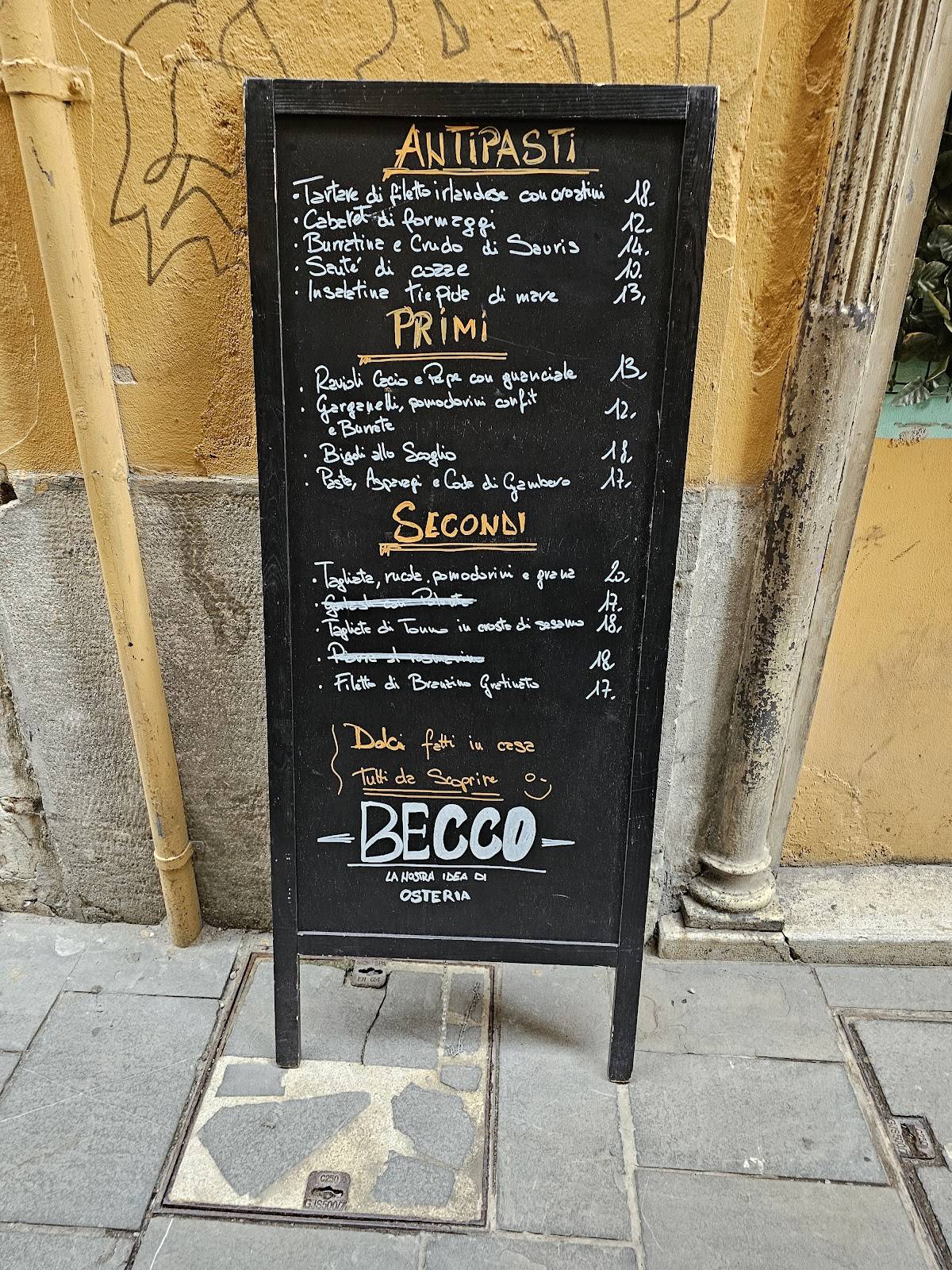 Menu at Osteria Becco restaurant, Trieste