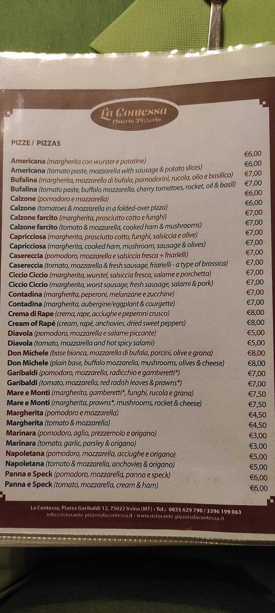 Menu da La Contessa ristorante, Irsina