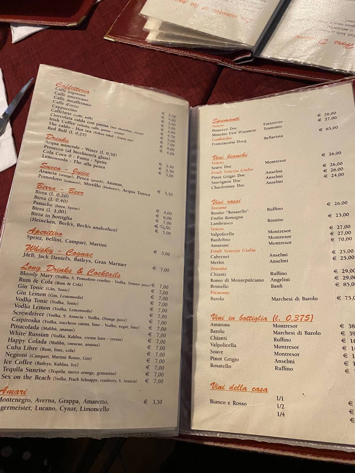Menu at Osteria alle Bottega restaurant, Venice