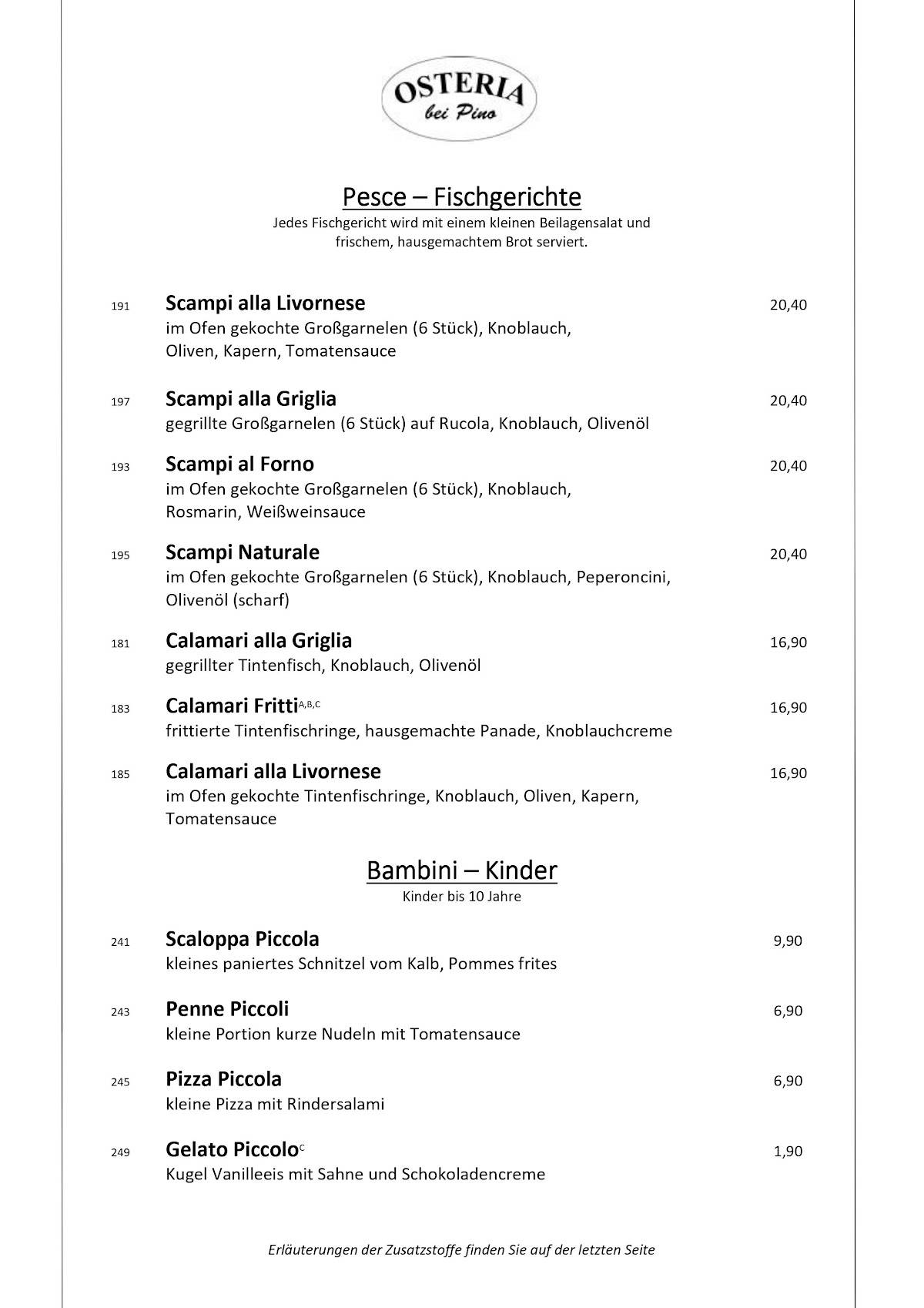 Speisekarte von Osteria bei Pino restaurant, Berlin