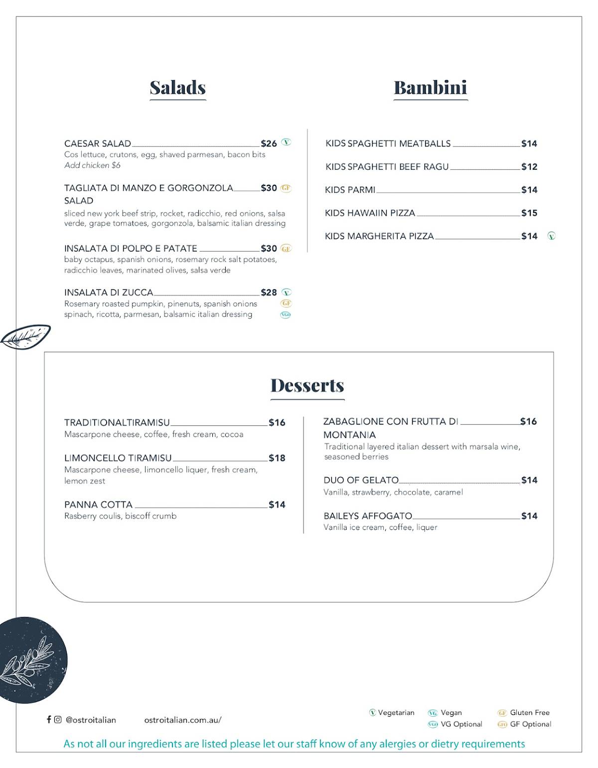 Menu at Ostro Italian restaurant, Fremantle