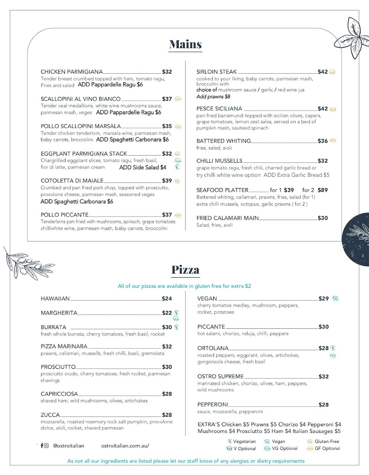 Menu at Ostro Italian restaurant, Fremantle