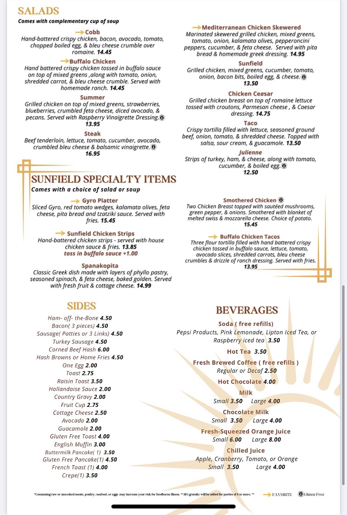 Menu at Sunfield Restaurant, Ottawa