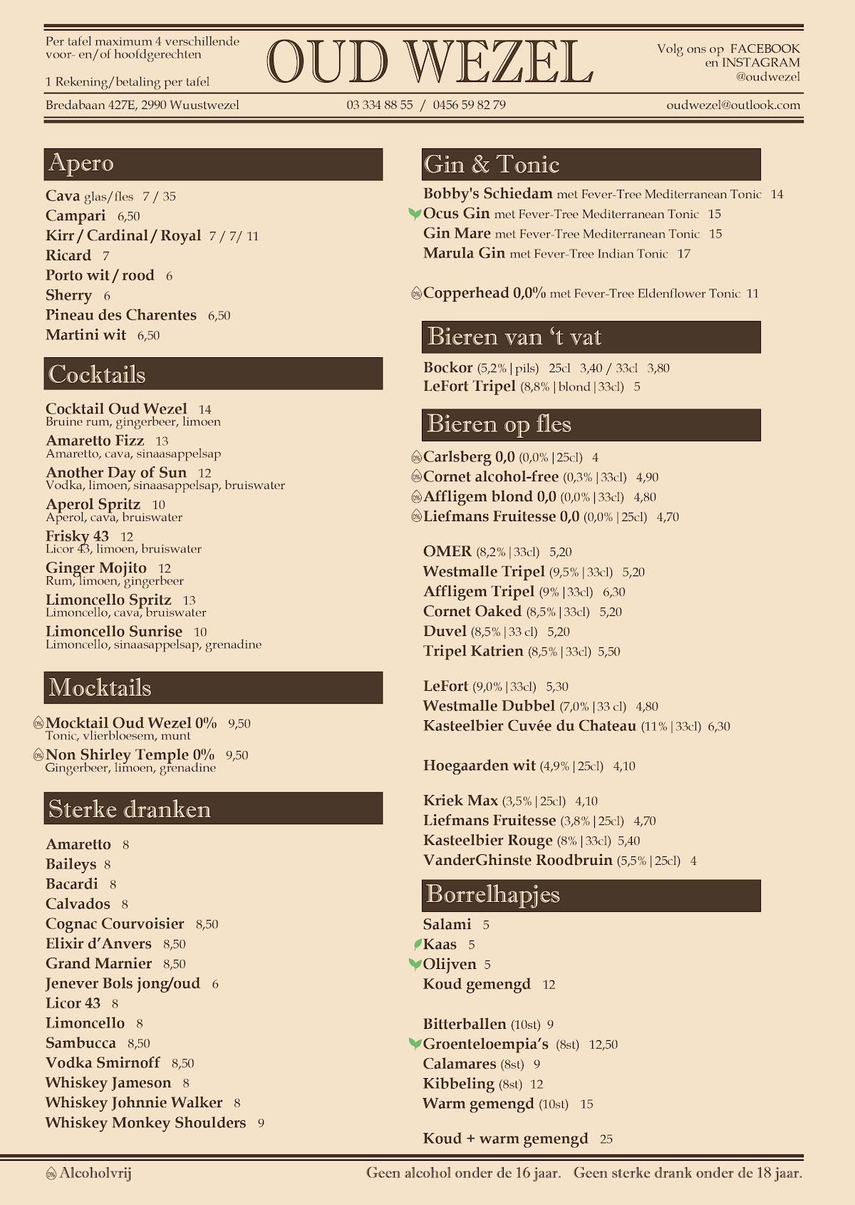 Menu au Oud Wezel restaurant, Wuustwezel