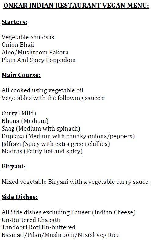 Menu at Onkar restaurant, Peterborough