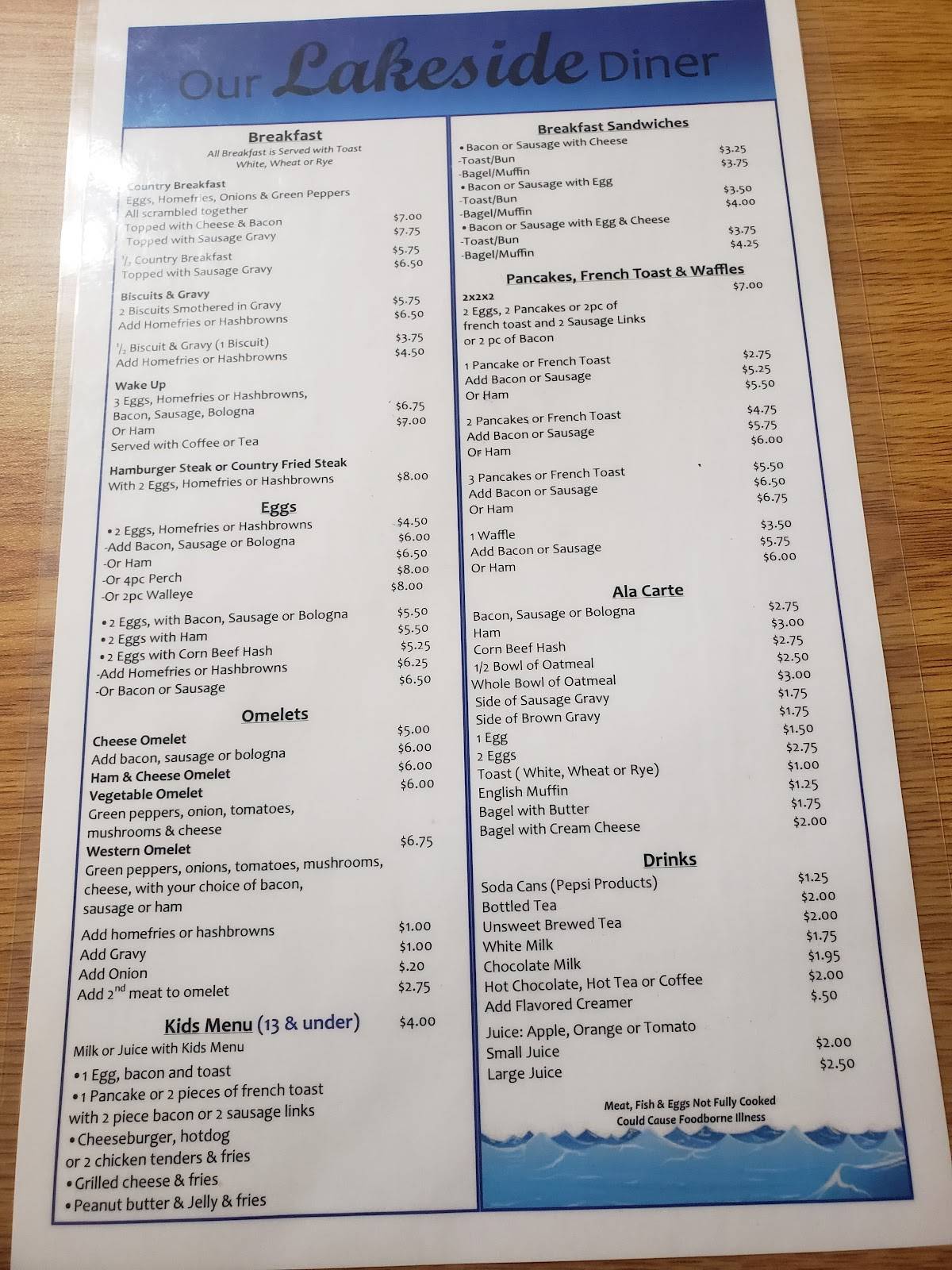 Menu at Our Lakeside Diner restaurant, Buckeye Lake, Walnut Rd