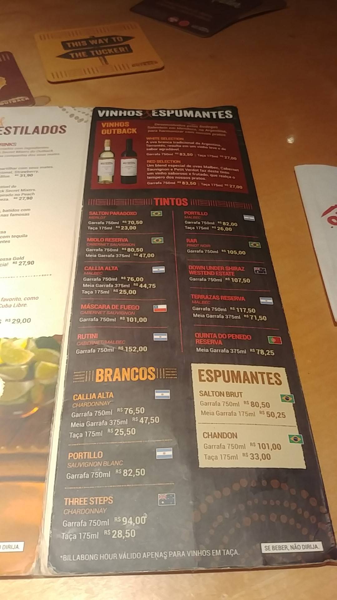 Menu em Restaurante Outback Steakhouse, Maceió