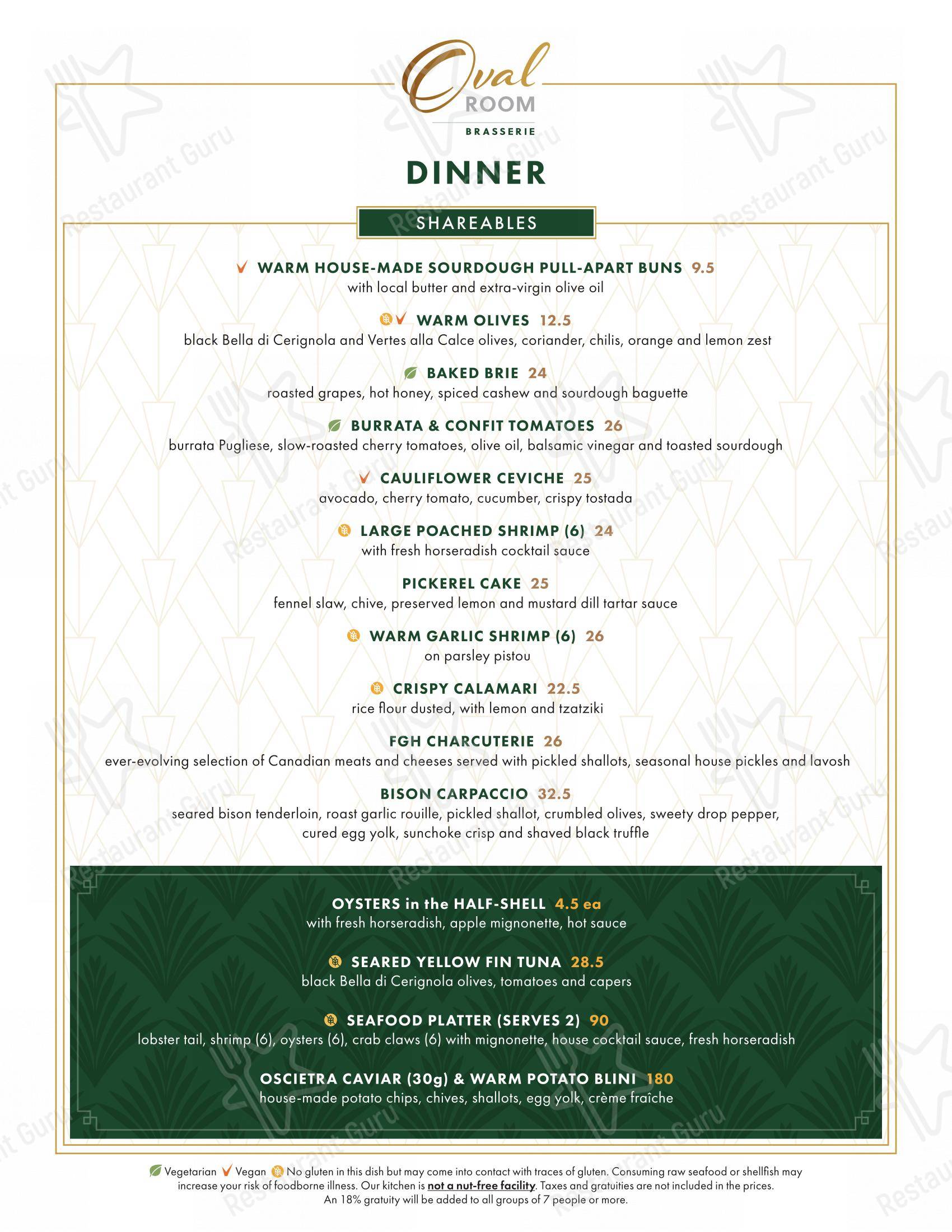 Menu at Oval Room Brasserie restaurant, Winnipeg