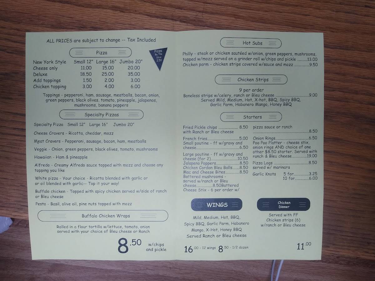 Menu at Owl's Nest Pizza Parlor pizzeria, Saranac Lake