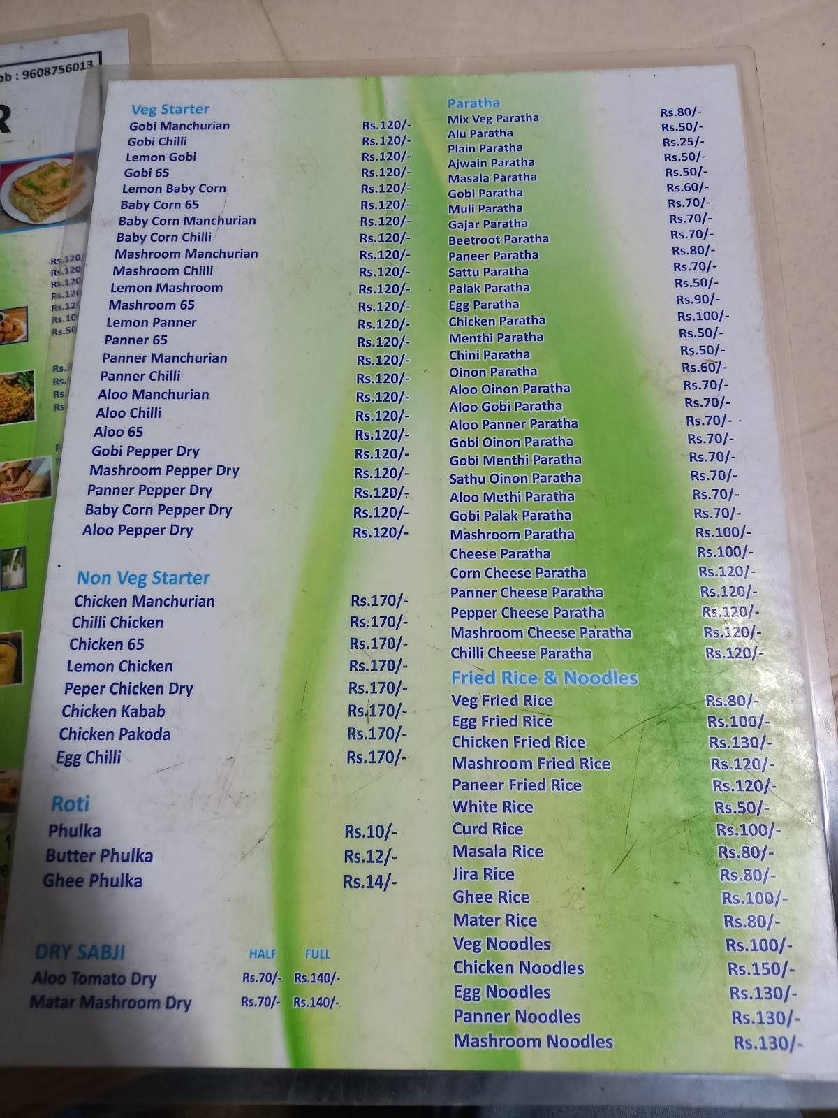 Menu at Paratha Corner, Bengaluru, SG layout