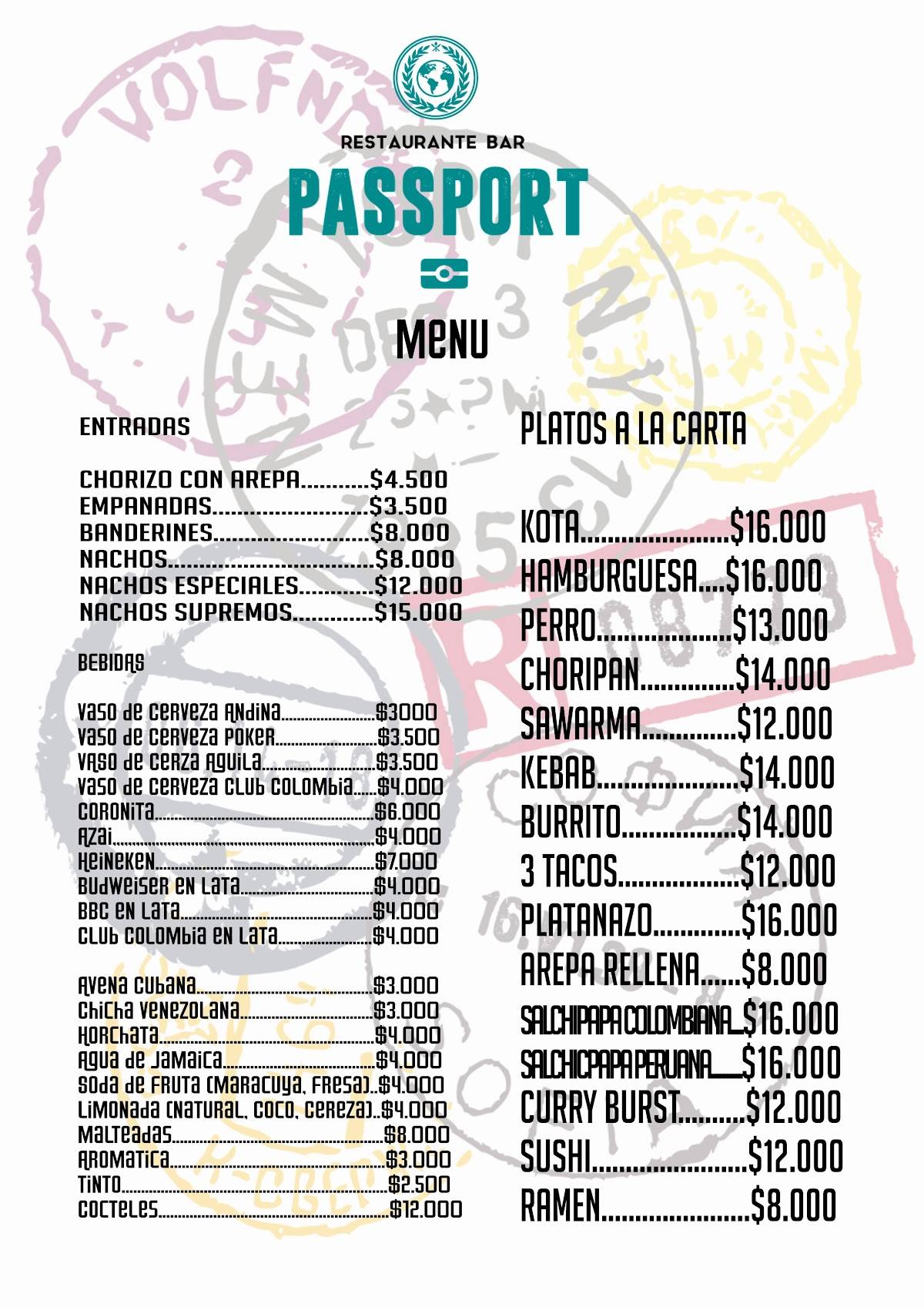 Menu at PASSPORT Restaurante Bar, Bogotá