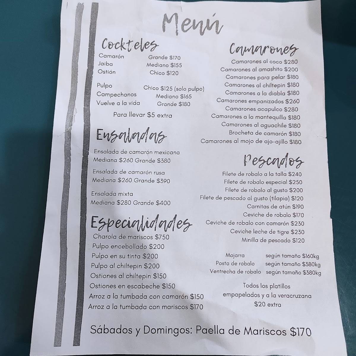 Carta del restaurante PESCADOS Y MARISCOS, Villahermosa