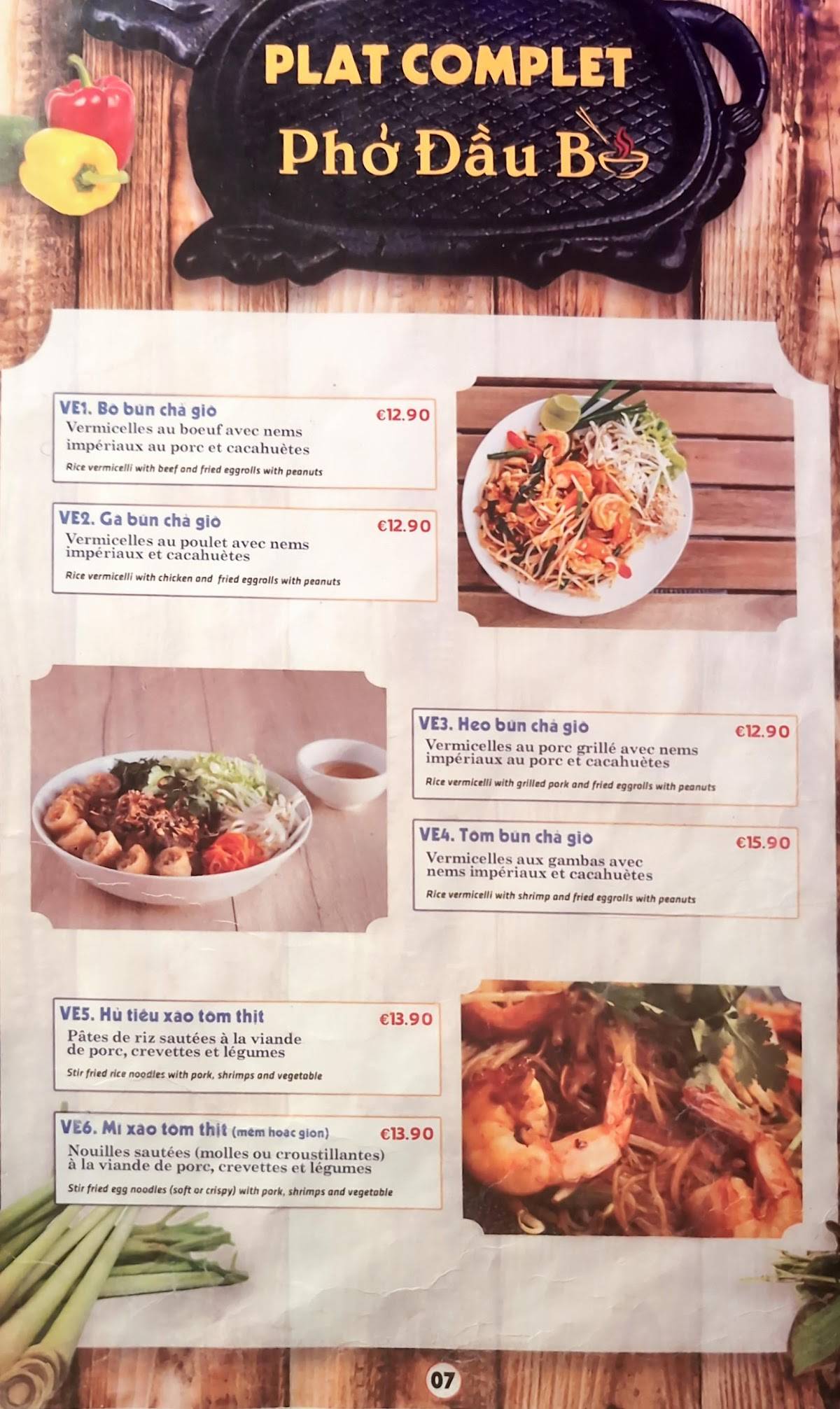 Menu au PHO DAU BO restaurant, Paris