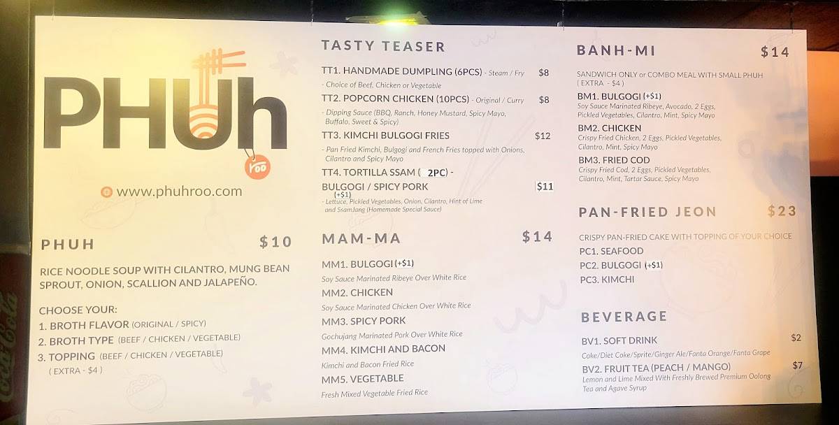 Menu at PHUHROO restaurant, Hackensack