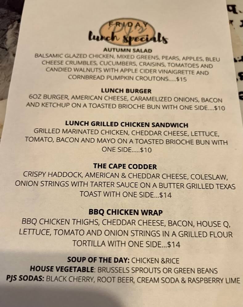 Menu at PJ's Smoke 'N' Grill pub & bar, Medway, 112 Main St