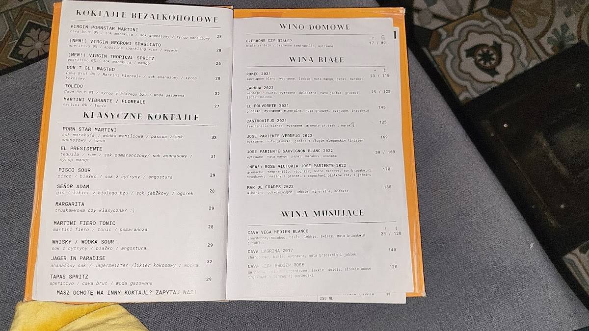 Menu at Pablo Tapas restaurant, Warsaw, Grzybowska 5a