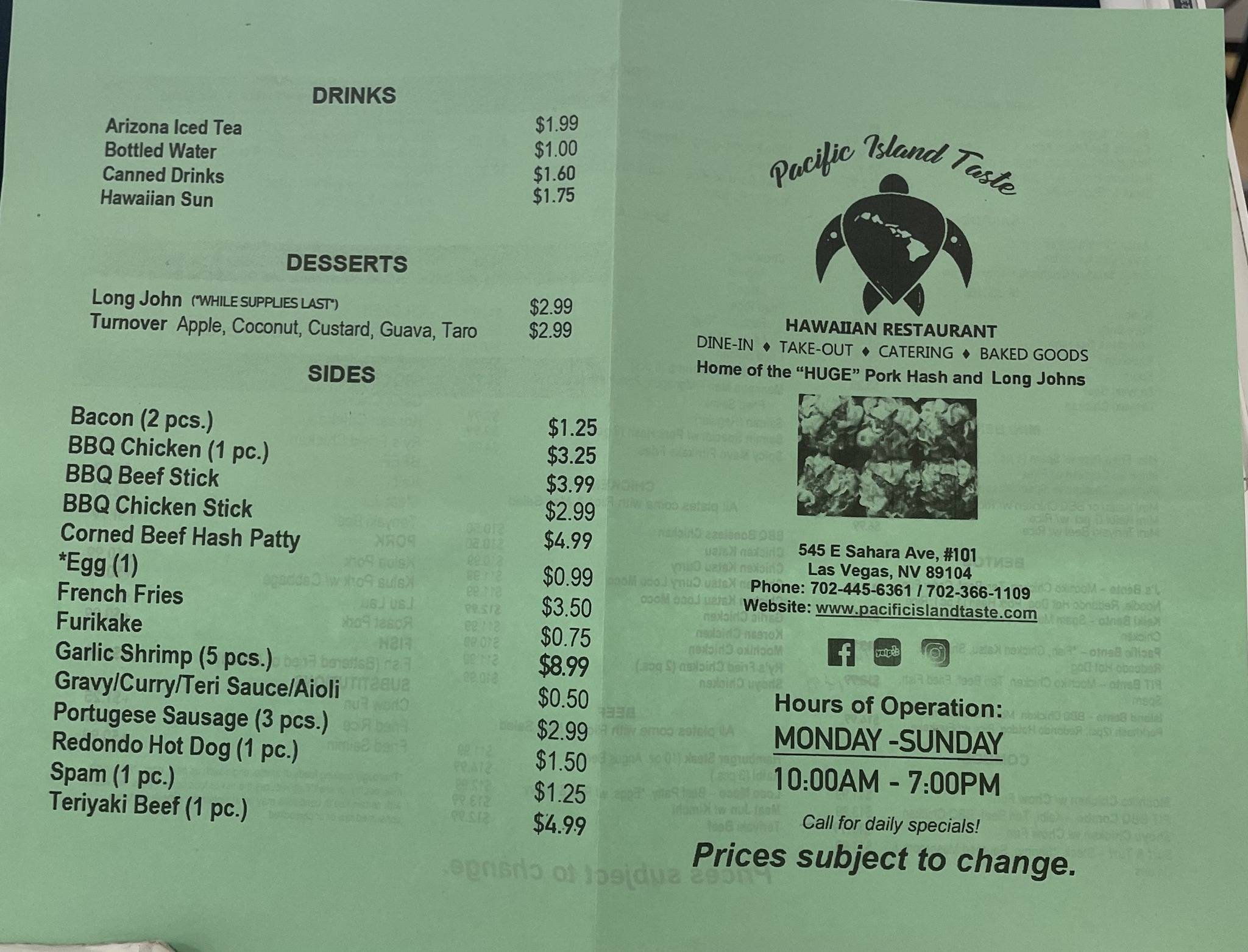Menu at Pacific Island Taste, Hawaiian Restaurant, Las Vegas, 545 E ...