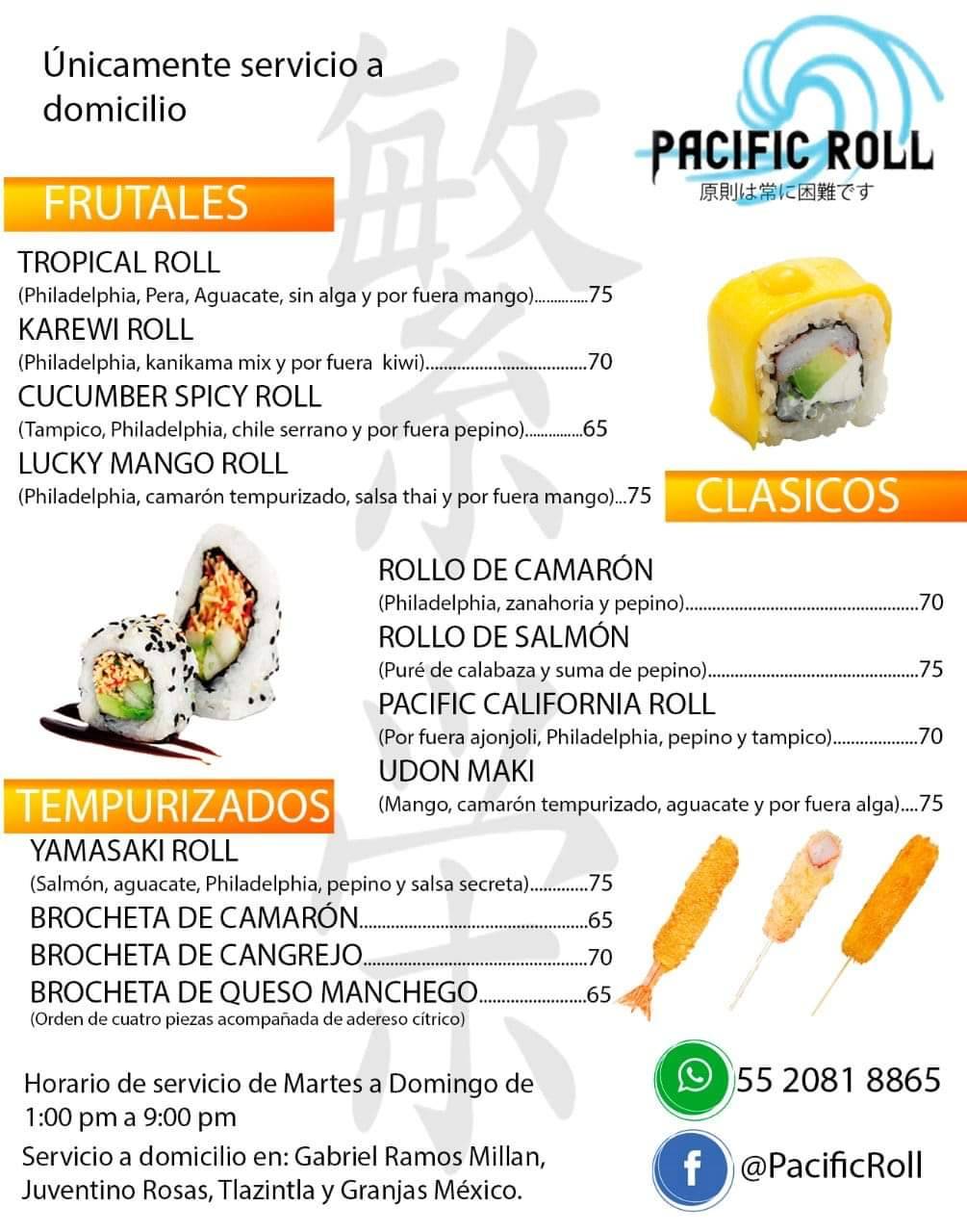 Menu at Pacific Roll restaurant, Mexico