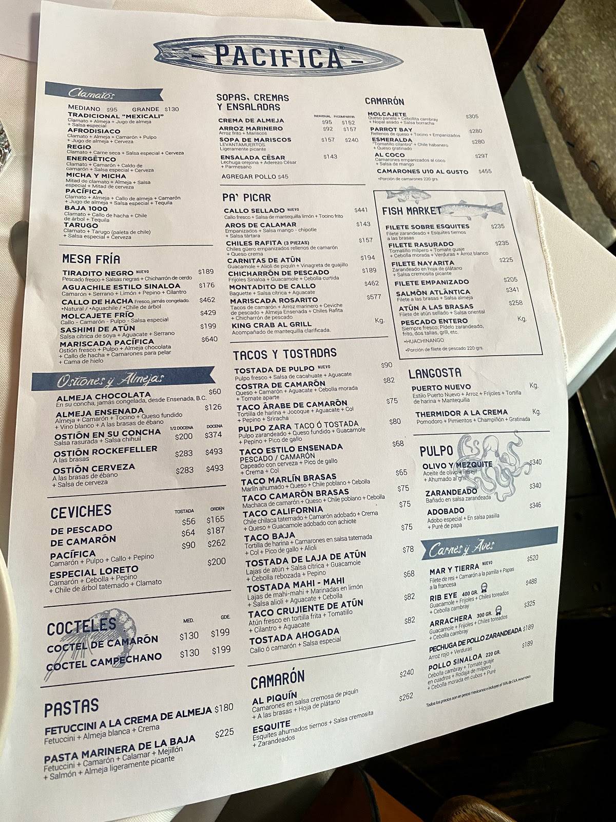 Carta de Pacifica Langosta Bar San Jeronimo, Monterrey
