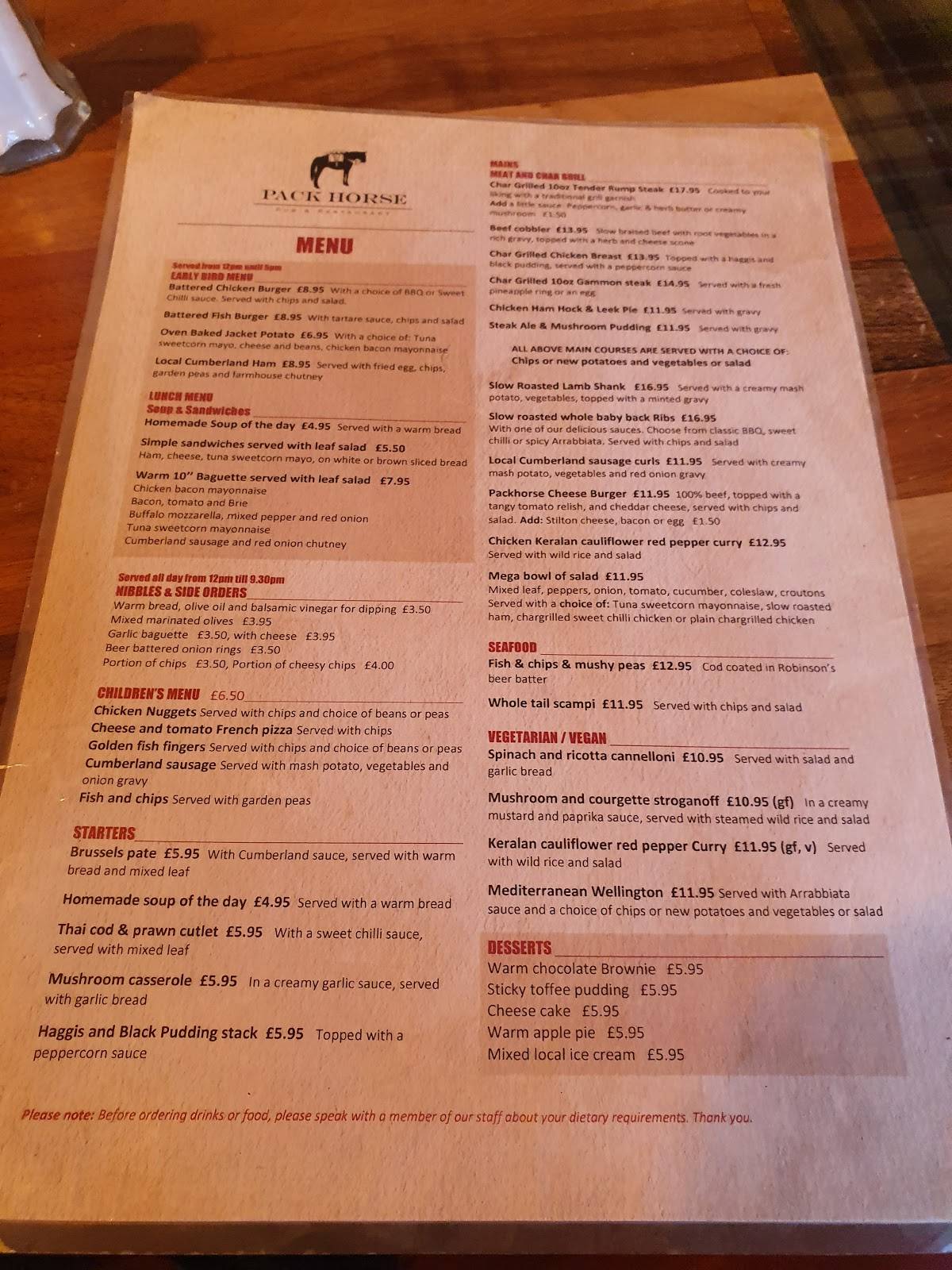 Menu at Pack Horse Inn pub & bar, Keswick