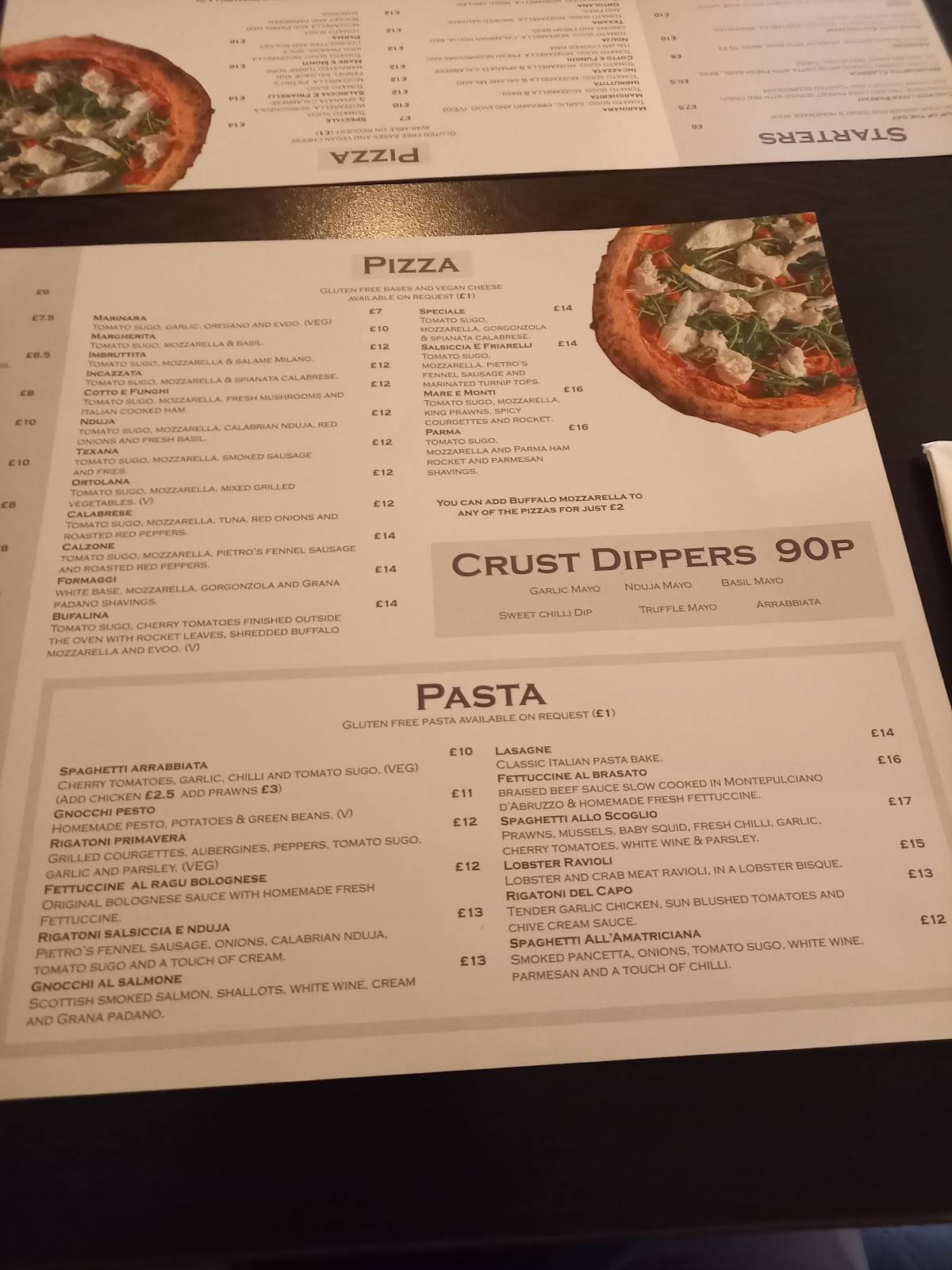 Menu at Padano restaurant, Glasgow