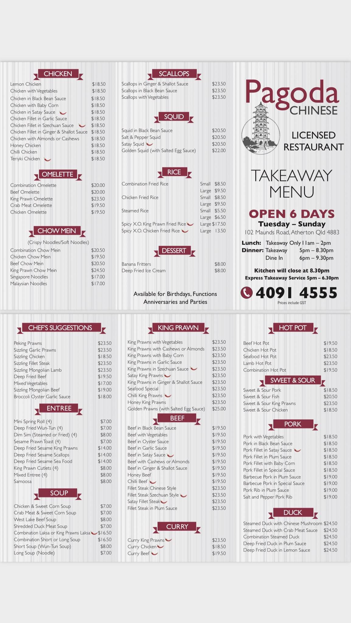 Menu at Pagoda Chinese Restaurant, Atherton