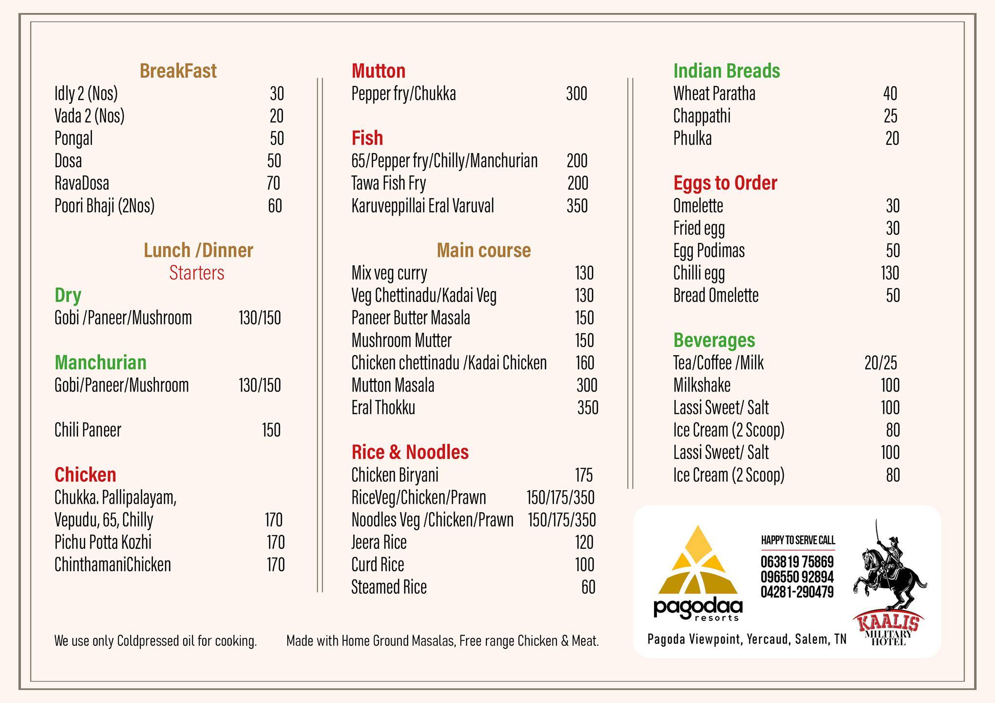 Menu at Pagodaa Resorts, Yercaud, Yercaud