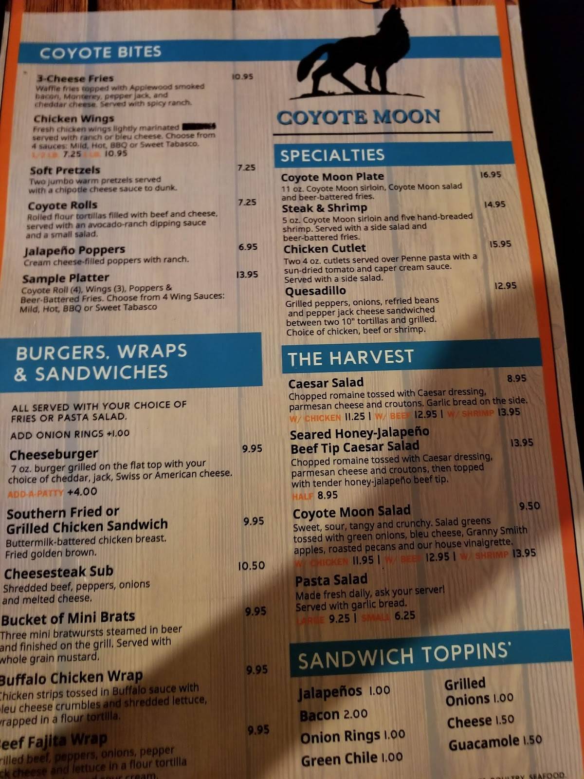 Menu at Coyote Moon Lounge pub & bar, Pagosa Springs