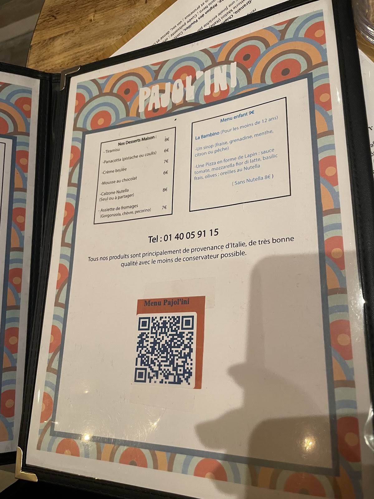 Menu au Pajol'ini pizza restaurant, Paris