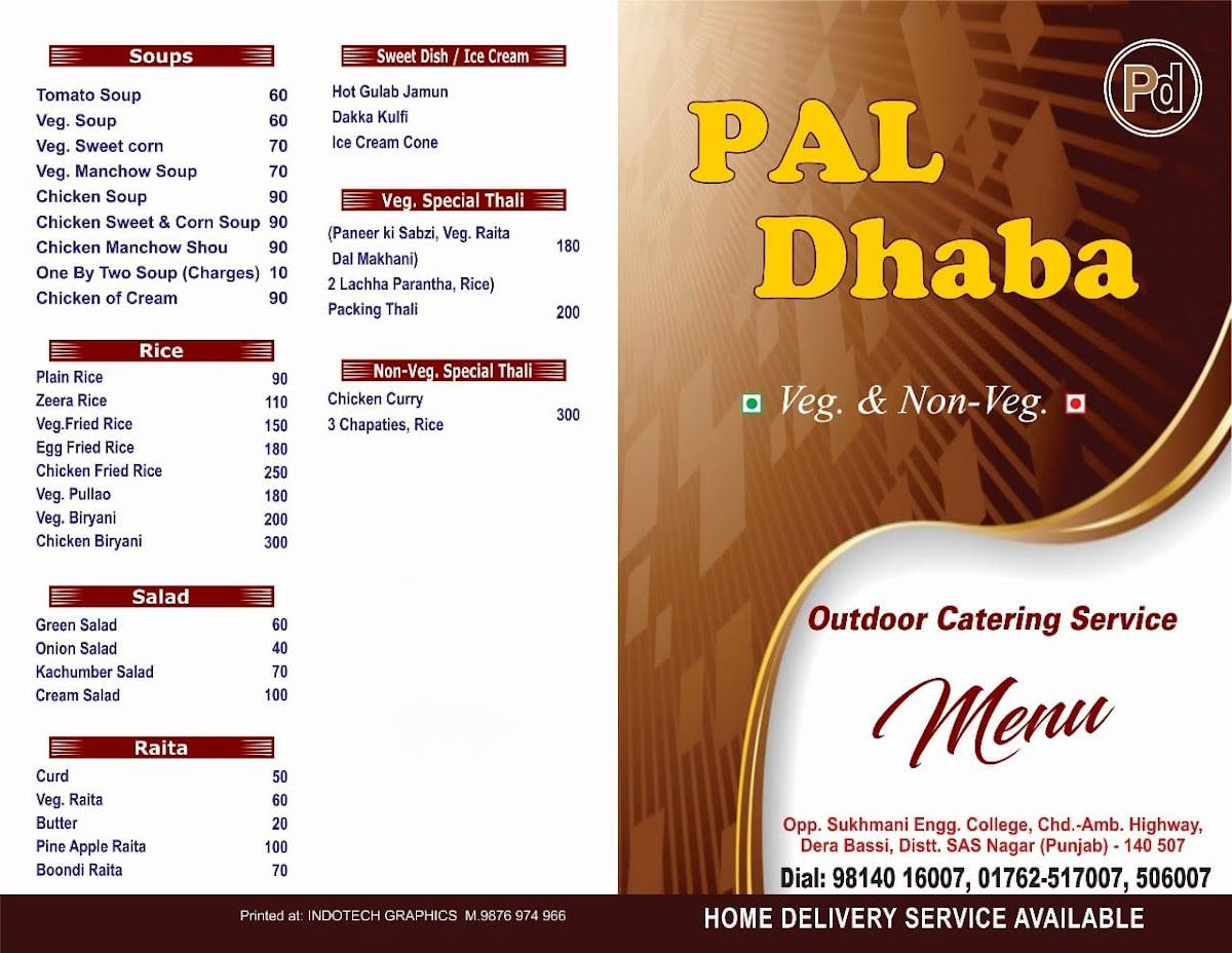 Menu at Pal Dhaba Derabassi, Dera Bassi, National Highway 22