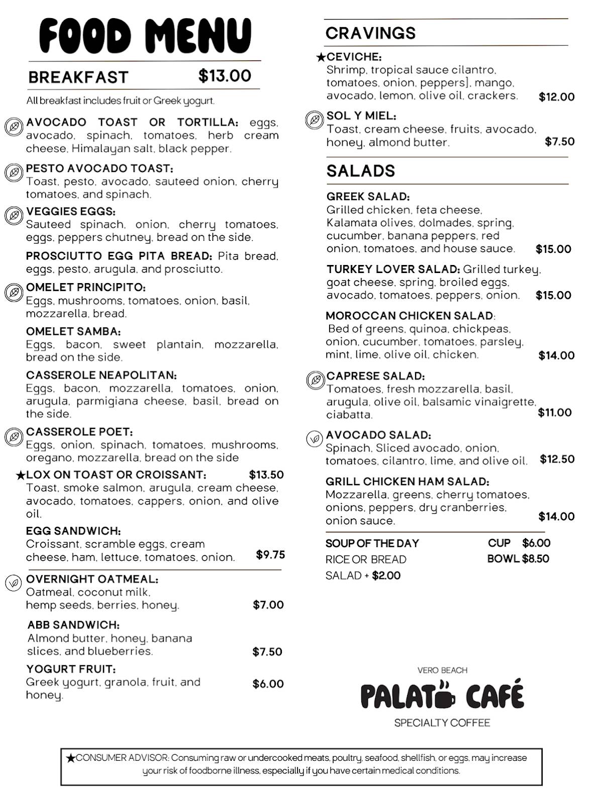 Menu at Palato Café pub & bar, Vero Beach