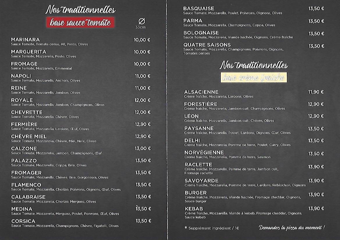 Menu au Palazzo pizza restaurant, La Garde