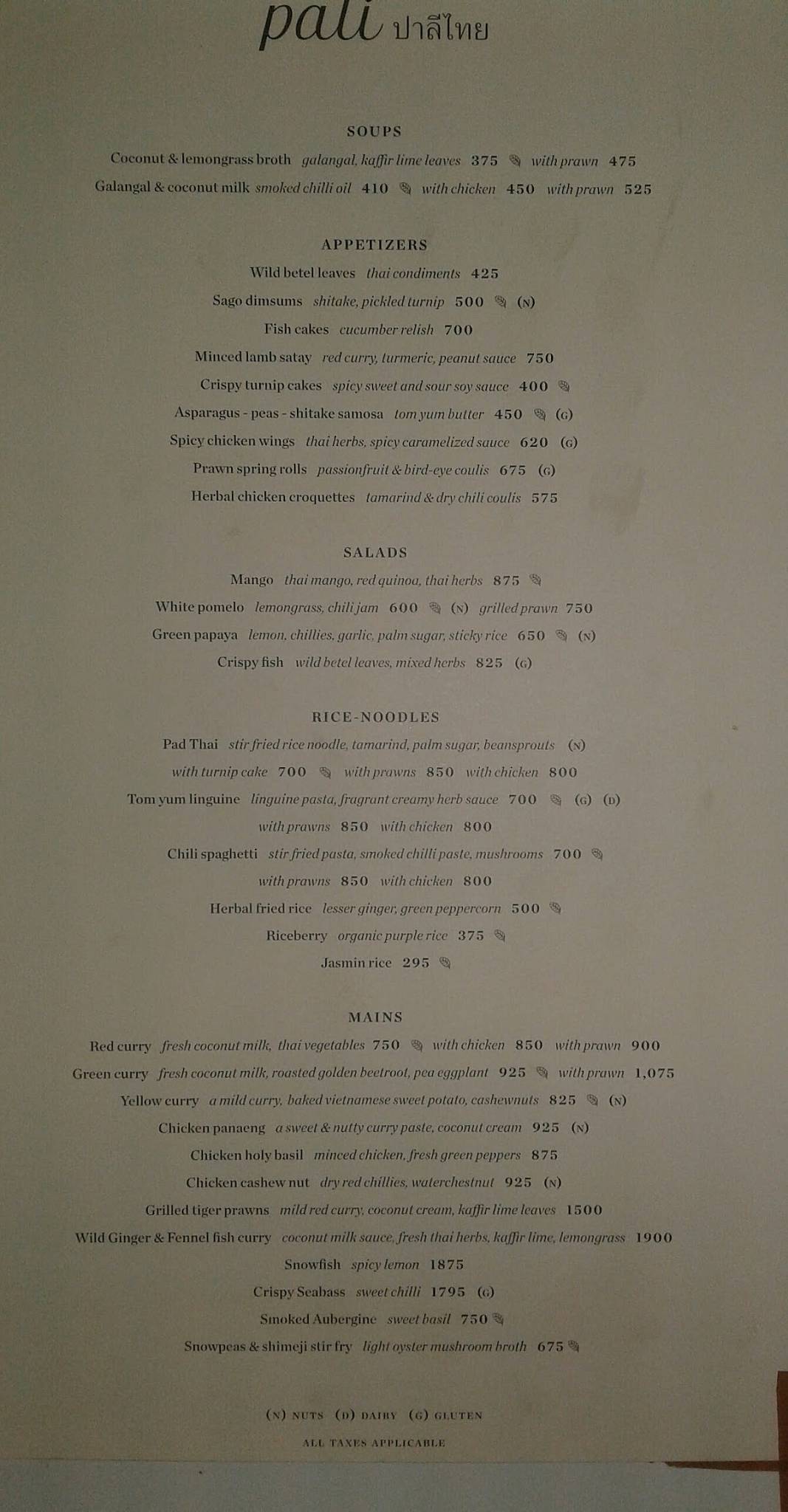 Menu at Pali Thai, Mumbai