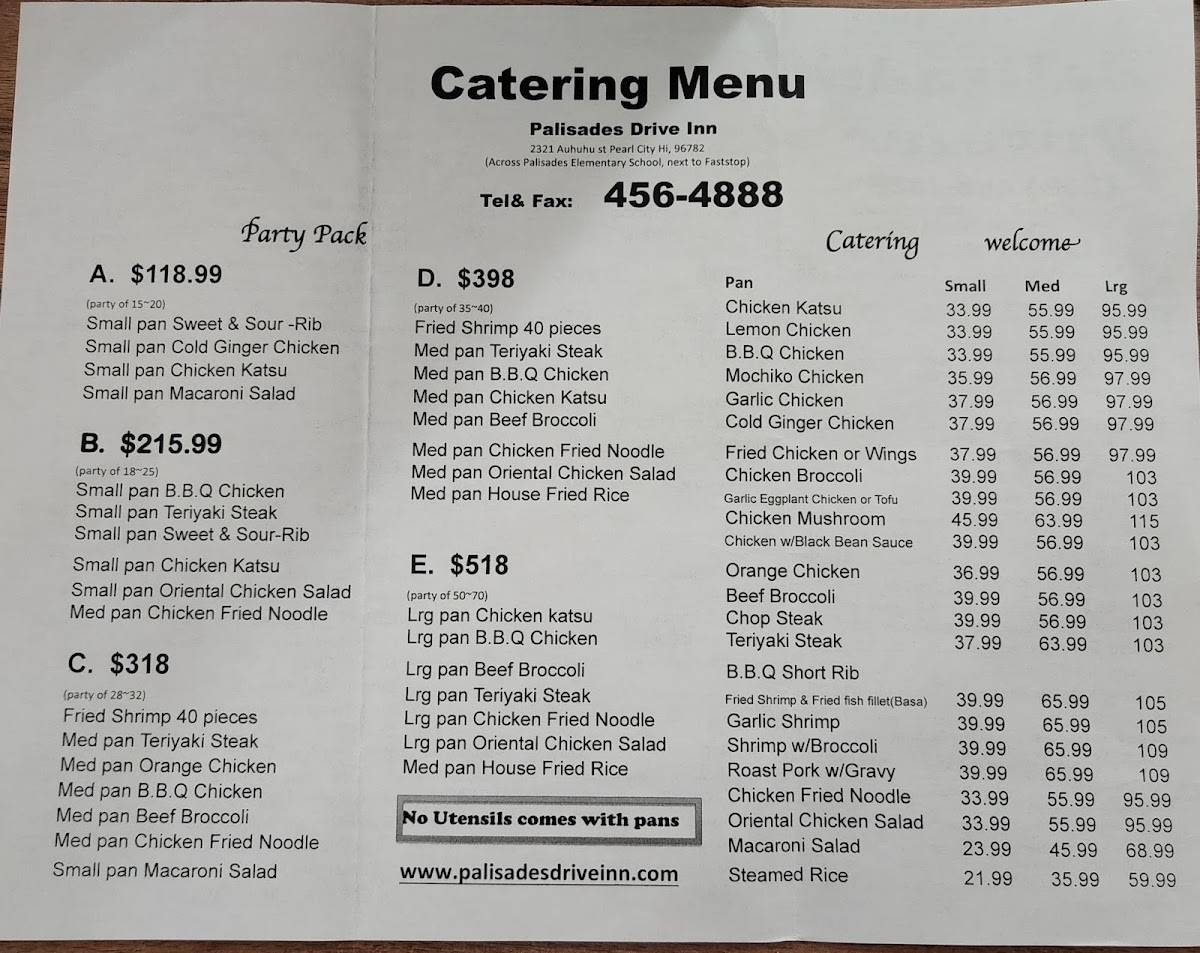 Menu at Palisades Drive Inn BBQ, Pearl City, Auhuhu St