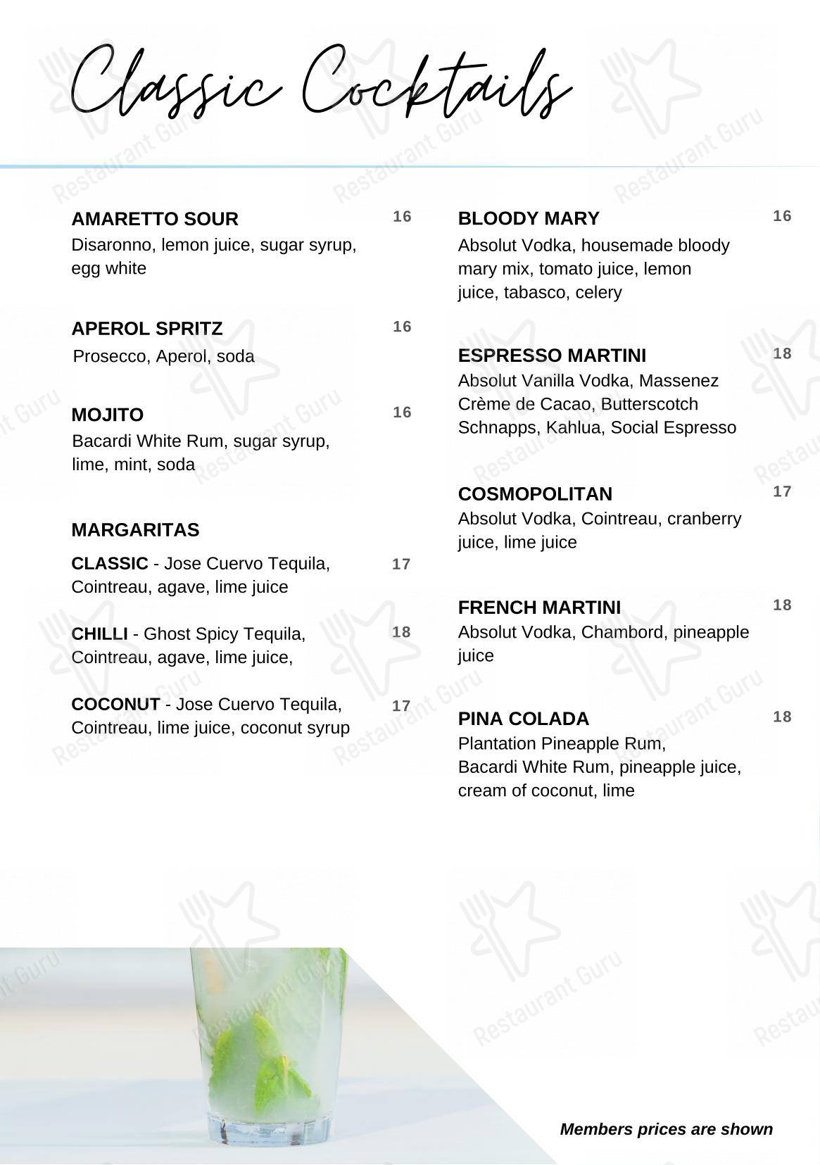 Menu at Palm Beach Surf Club, Palm Beach