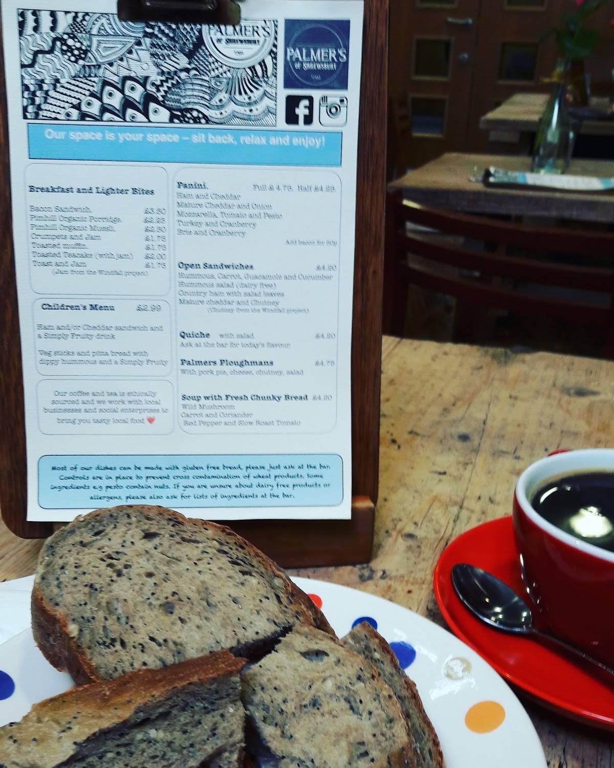 Menu at Palmer's of Shrewsbury cafe, Shrewsbury