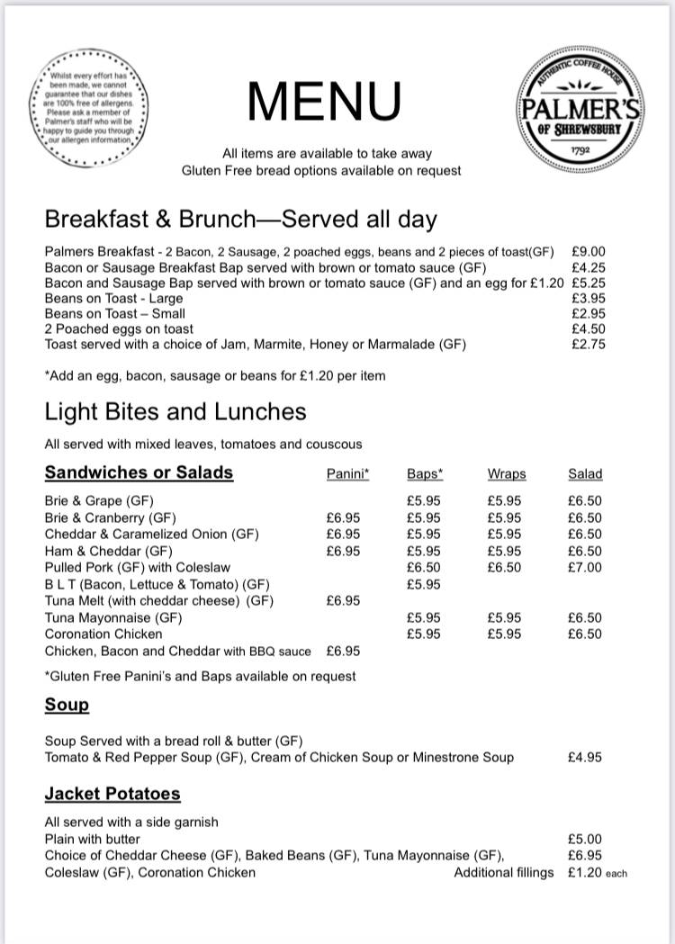 Menu at Palmer's of Shrewsbury cafe, Shrewsbury
