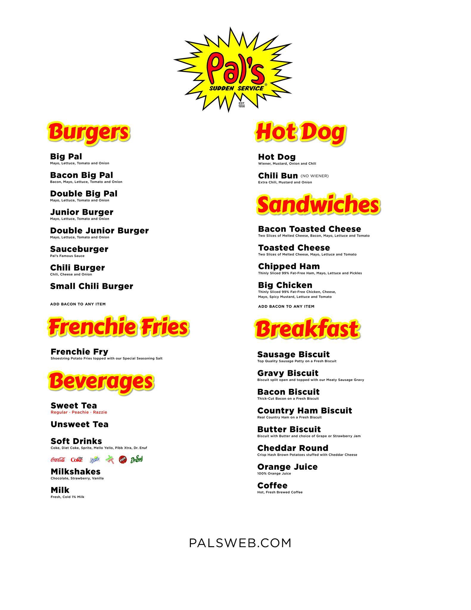 Menu at Pal's Sudden Service fast food, Church Hill