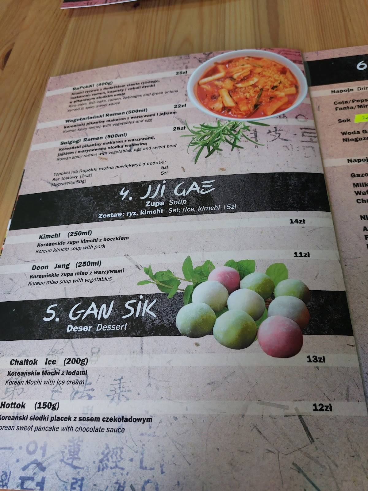 Menu at Pan KimBap restaurant, Kraków