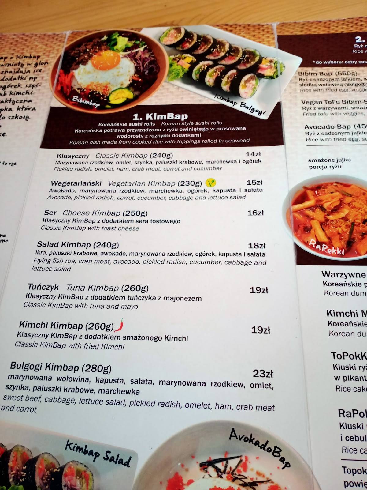 Menu at Pan KimBap restaurant, Kraków