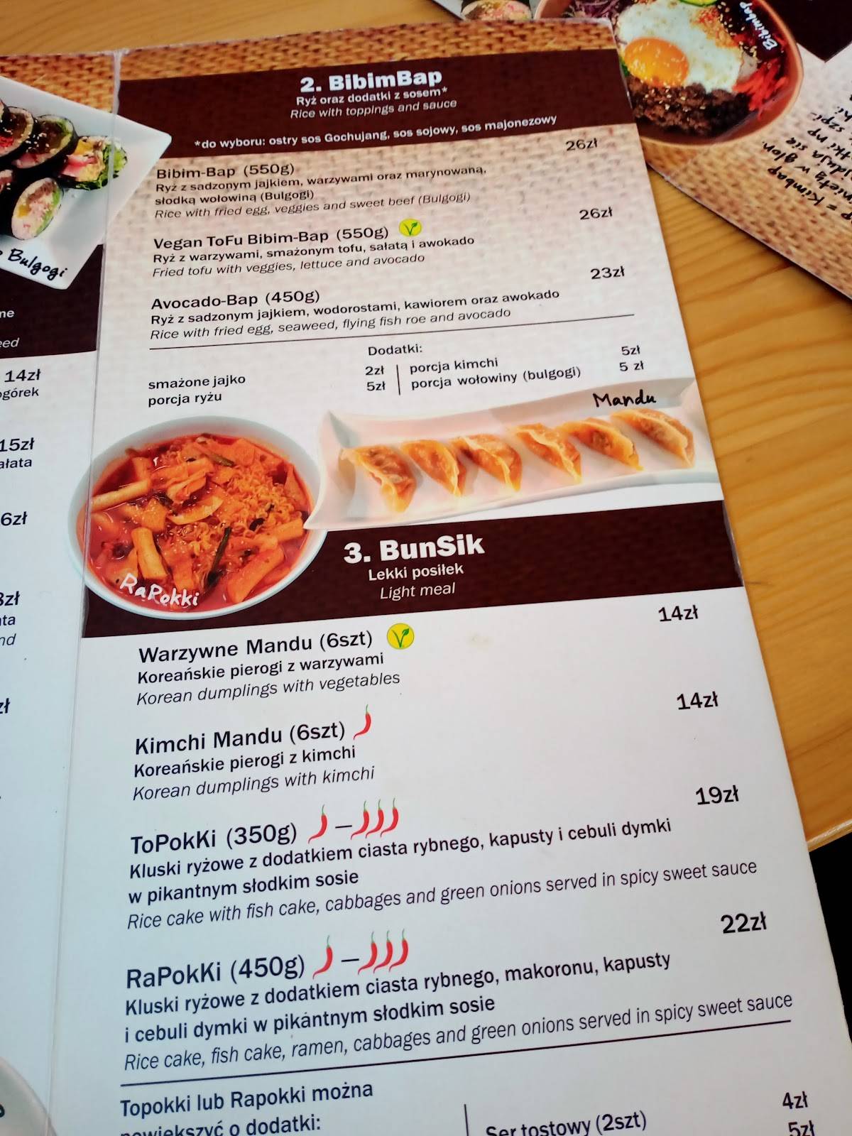 Menu at Pan KimBap restaurant, Kraków
