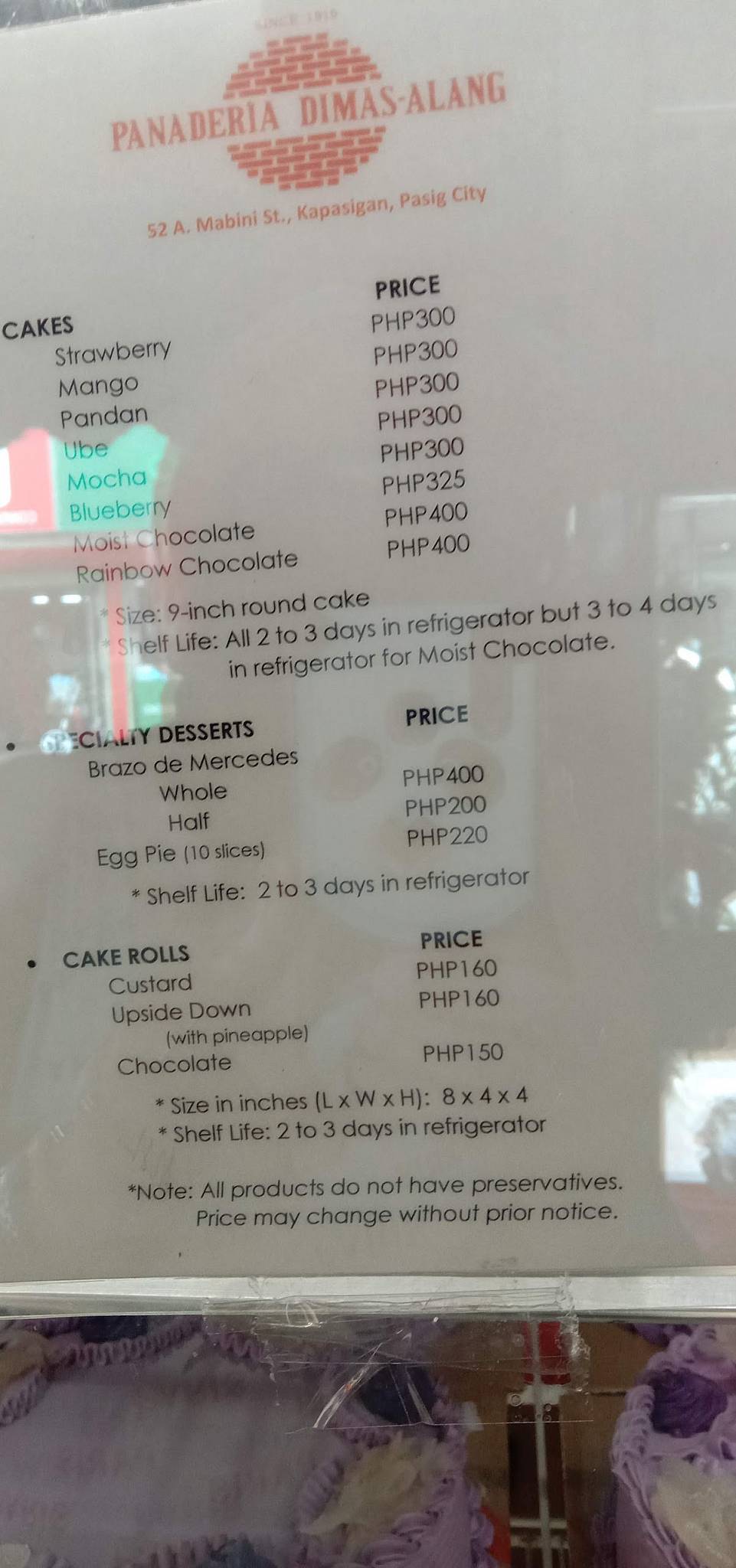 Menu at Panaderia Dimas-Alang restaurant, Pasig